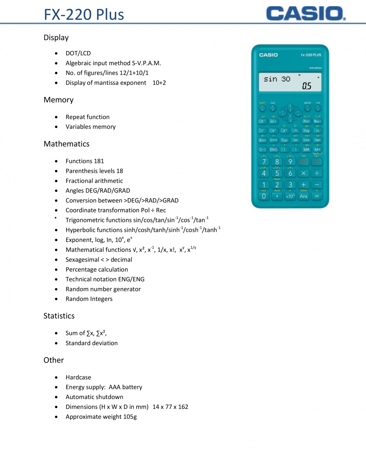KALKULATOR SA FUNKCIJAMA CASIO FX 220 SX PLUS - casiosrbija.rs