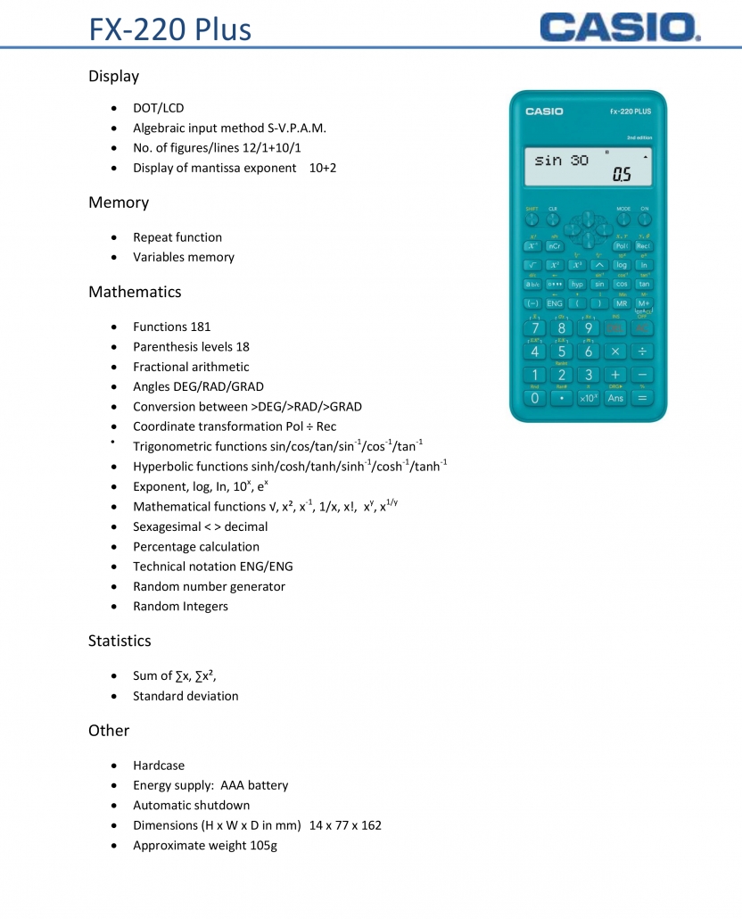 KALKULATOR SA FUNKCIJAMA CASIO FX 220 SX PLUS - casiosrbija.rs