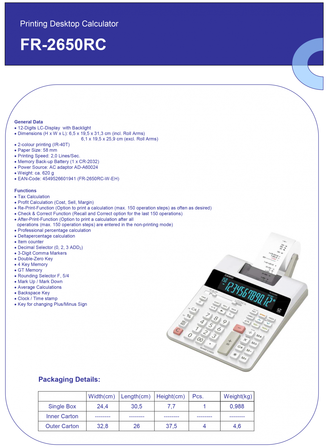 KALKULATORI SA TRAKOM CASIO FR 2650 RC - casiosrbija.rs