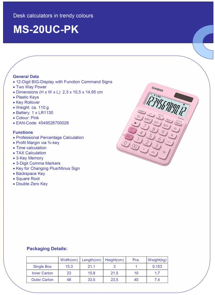 KALKULATOR CASIO MS 20 UC ROZE - casiosrbija.rs
