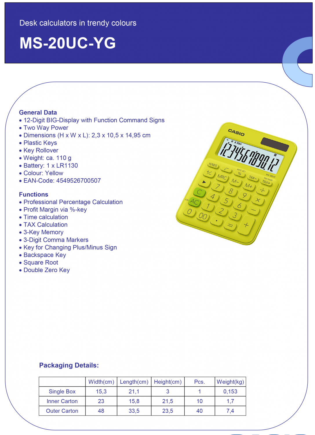 KALKULATOR CASIO MS 20 UC LIME - casiosrbija.rs